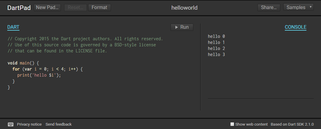 Dartpad Dartlang