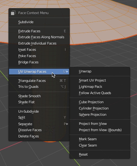 Figure 3.25 – Clicking UV Unwrap Faces | Unwrap to unwrap all selected ...