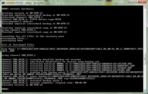 Restoring the ARCHIVELOG database | Oracle Database XE 11gR2 Jump Start Guide