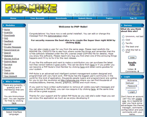 Testing the Installation | Building Websites with PHP-Nuke